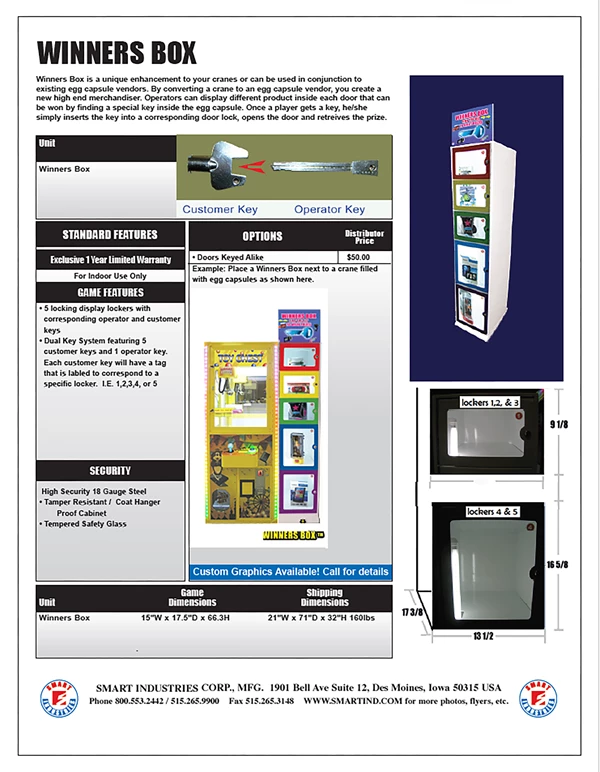 WB-5DR Winners Prize Box | Arcade Prizes | Smart Industries